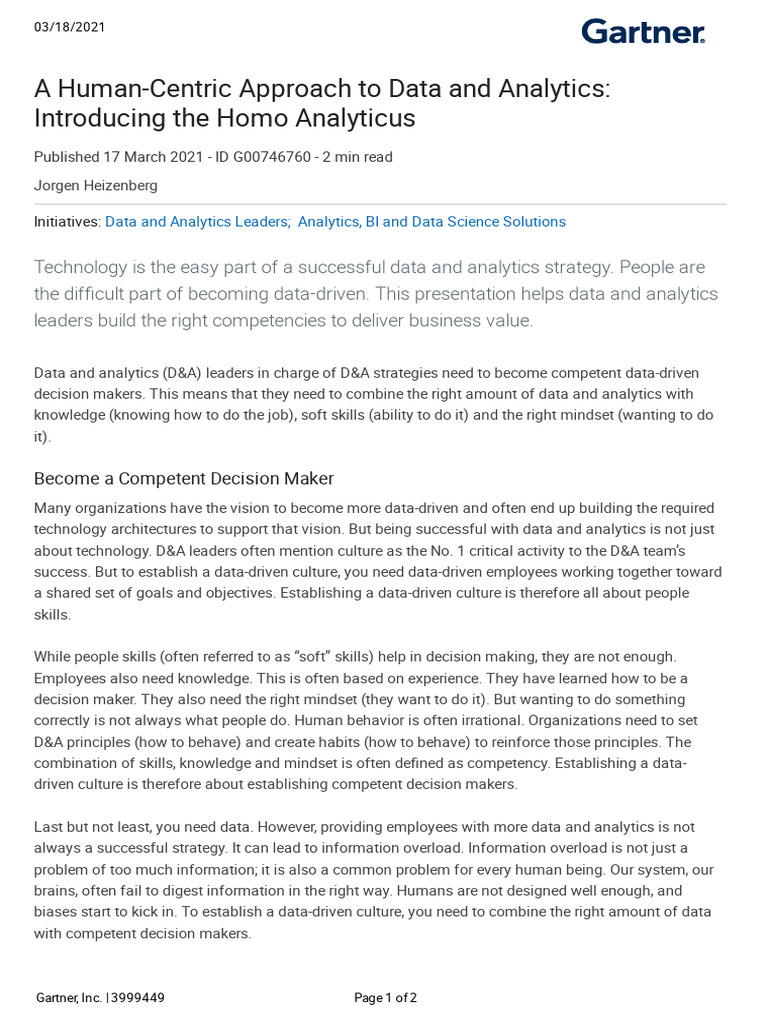Gartner A Human-Centric Approach To Data and Analytics | PDF