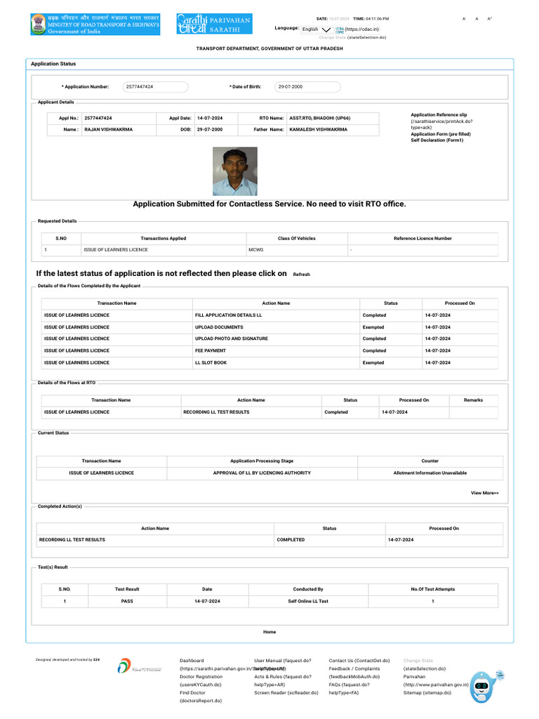 Application Submitted For Contactless Service. No Need To Visit RTO o Ce | PDF