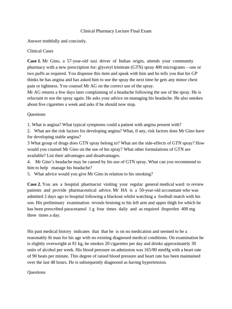 Clinical Pharmacy Lecture Final Exam | PDF