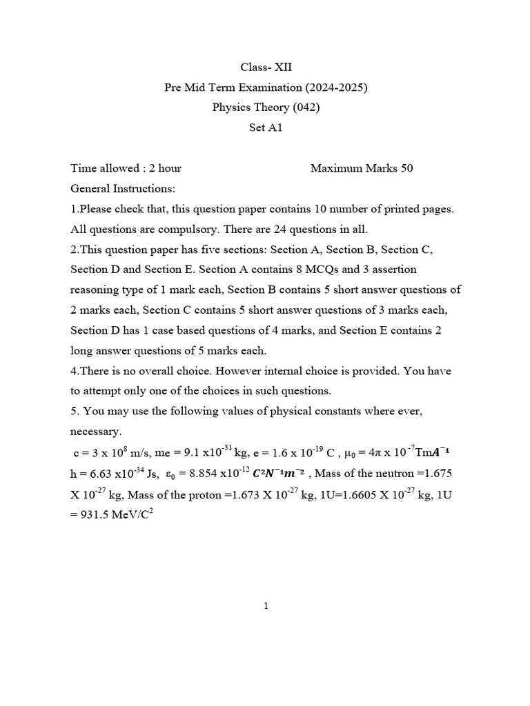 12-Phy-A1-Pre-Mid-Term 2024-25 | PDF
