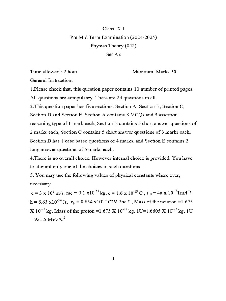 12-Phy-A2-Pre-Mid-Term 2024-25 | PDF