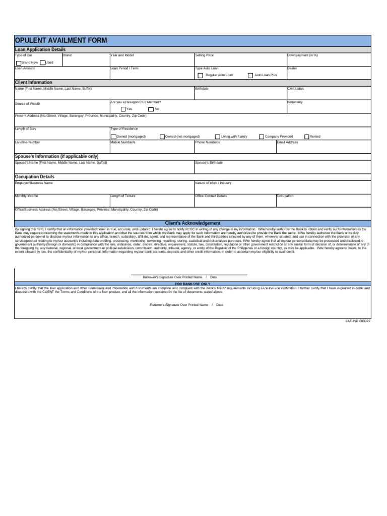 Opulent Availment Form - 32223 | PDF