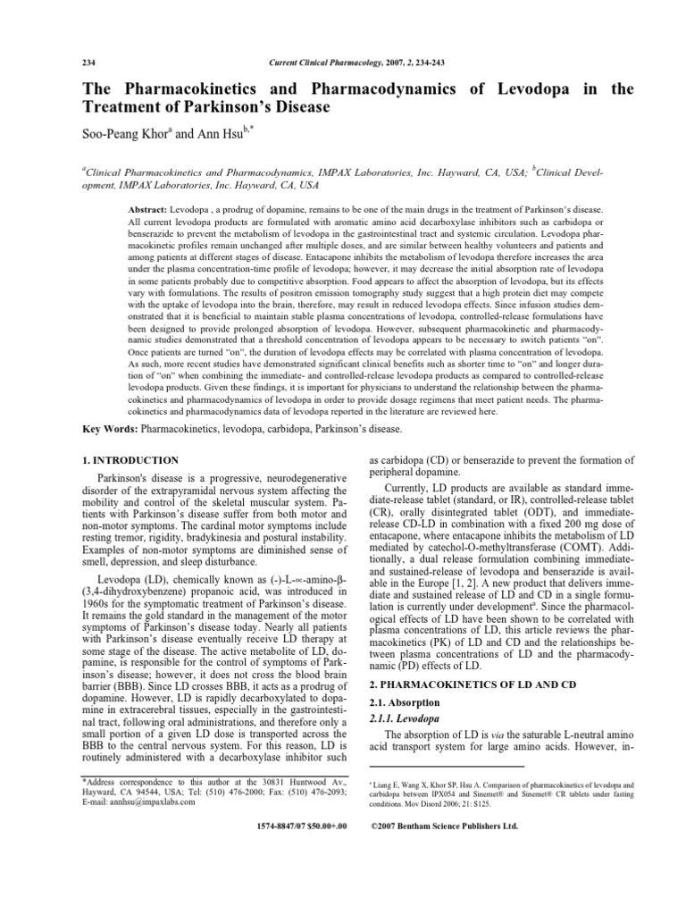 Pharmacokinetic of Levodopa | PDF | Pharmacokinetics | Dopamine