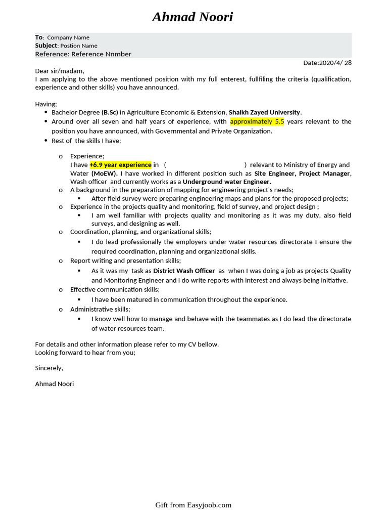 Cover Litter Sample From Easyjoob - Com 2 | PDF