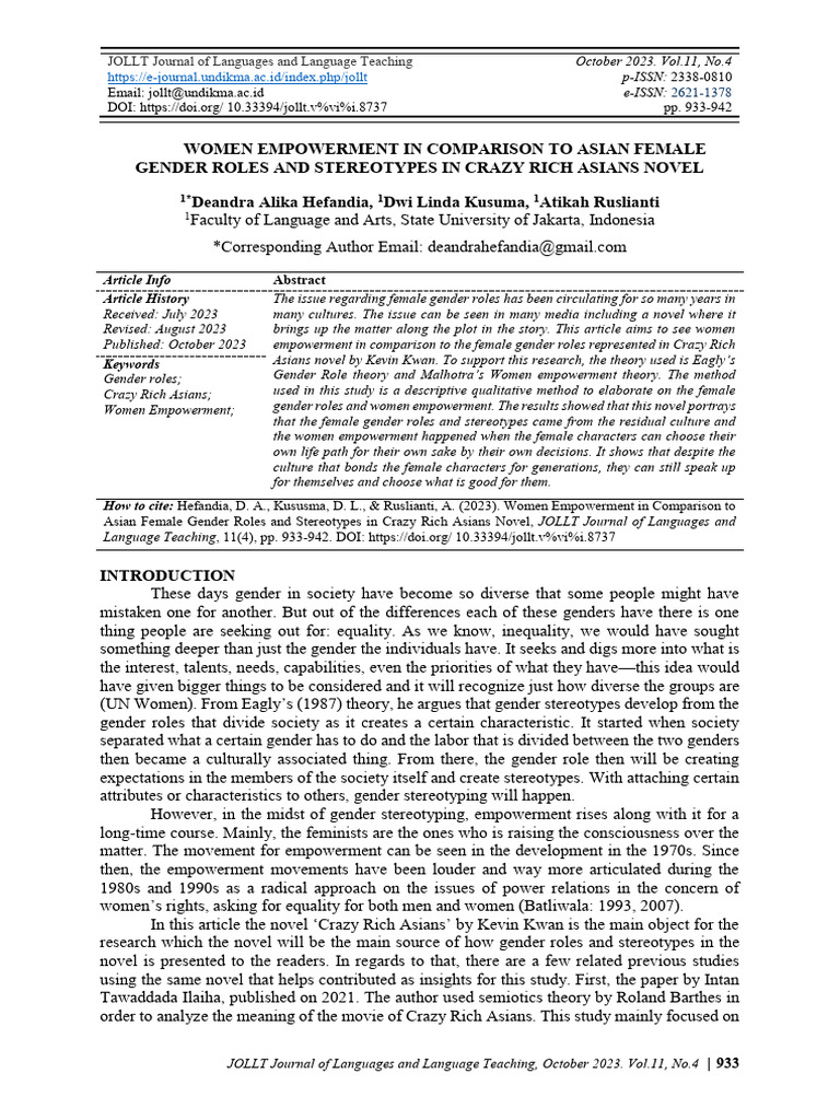 Women Empowerment in Comparison to Asian Female Gender Roles and ...