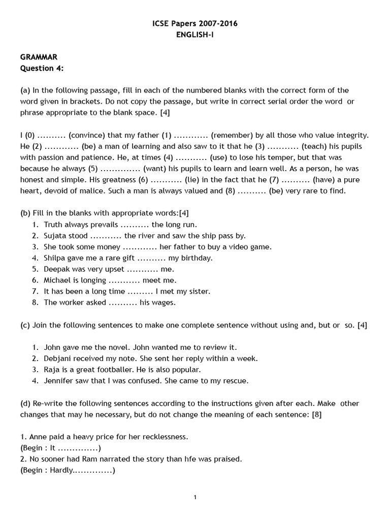 ICSE Question Bank English I Grammar Dec 2018 | PDF