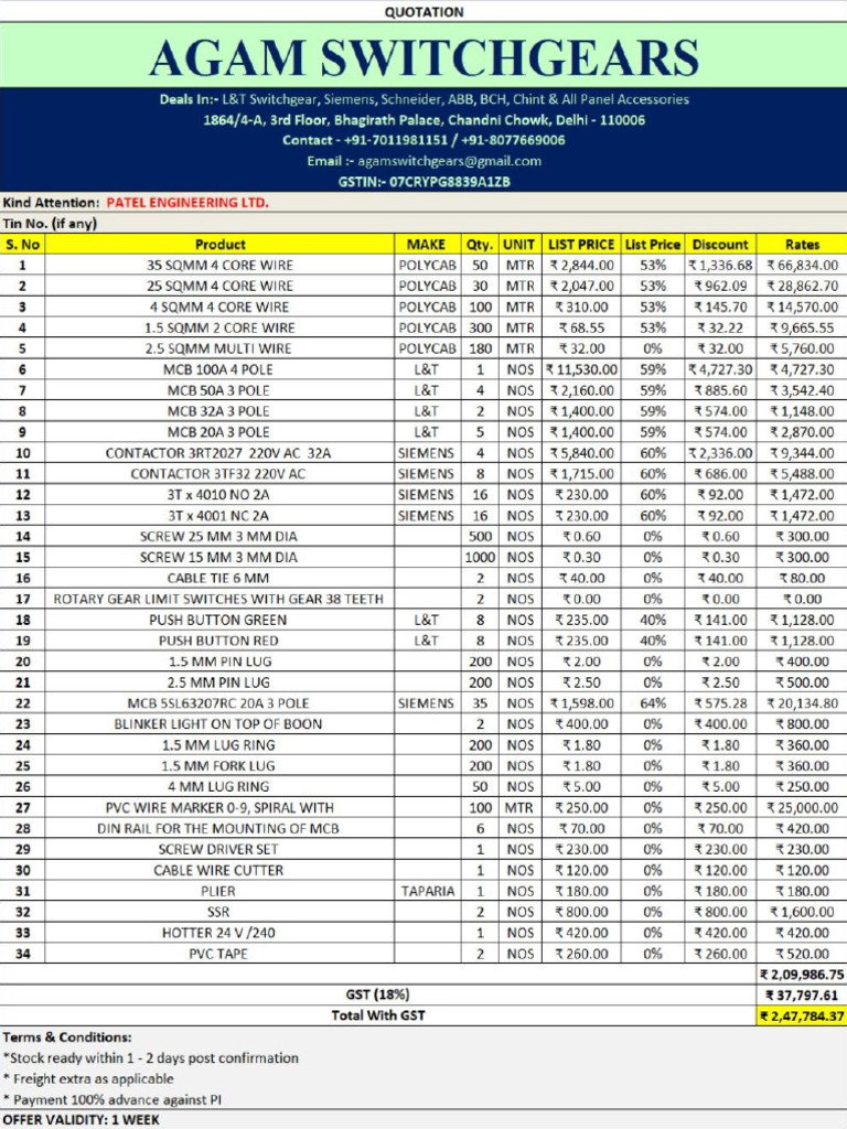 Quotation of Electrical Items With CS | PDF