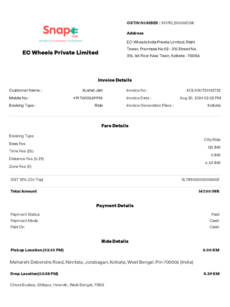 Invoice for Ride: ₹147.00 Total | PDF | Government Finances | Taxes