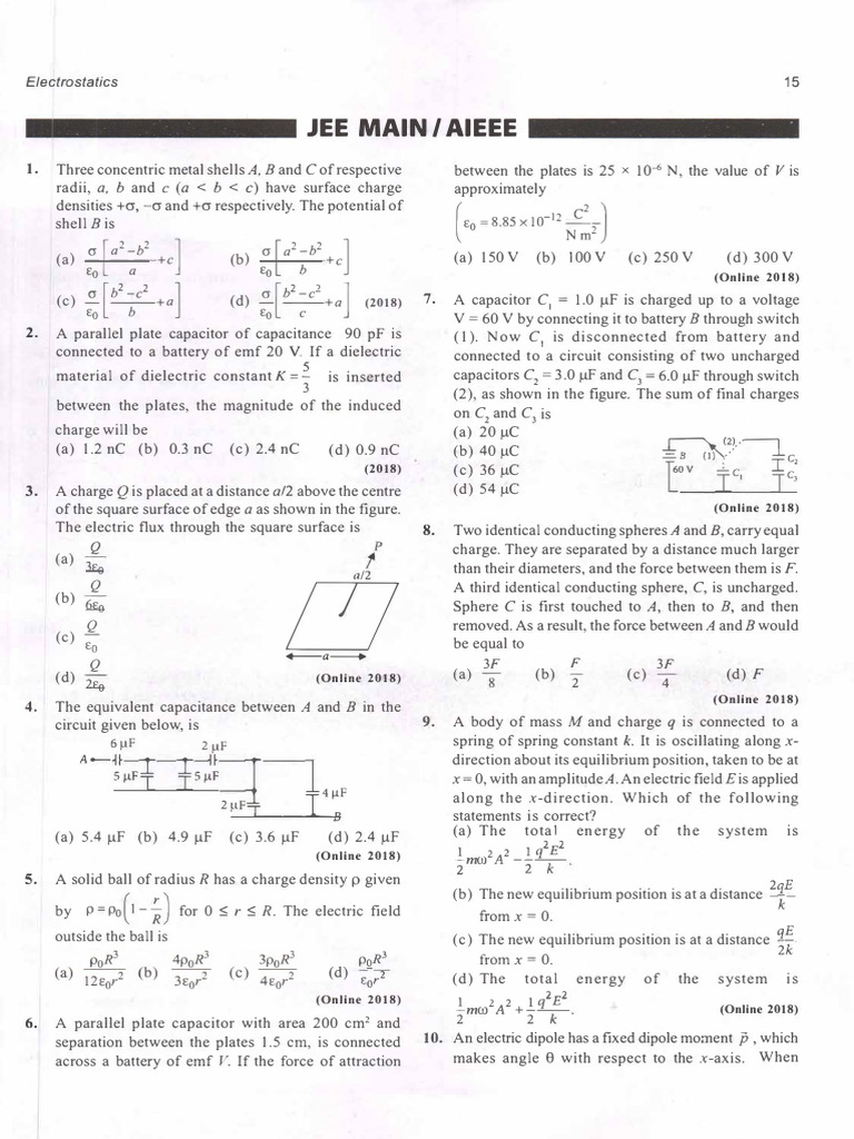 Electrostatics-JEE Mains PYQ | PDF | Capacitor | Science & Mathematics