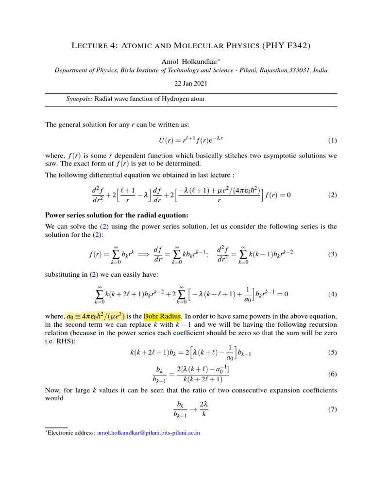 Lec4 - Radial Wavefn, Laguerre | PDF