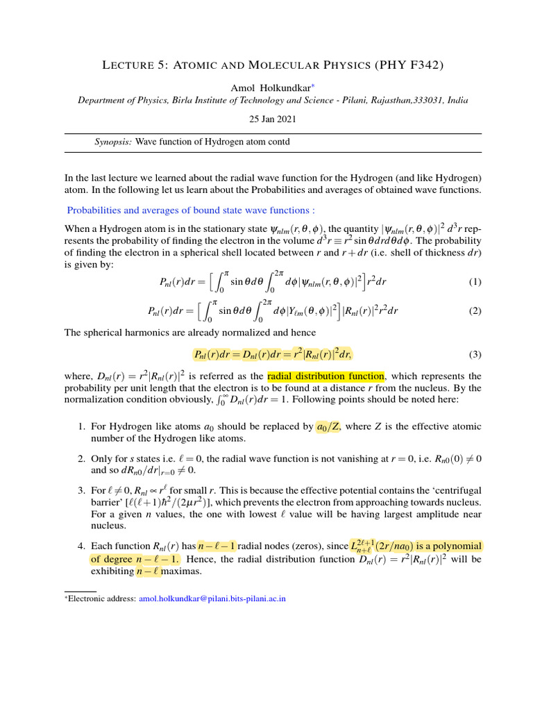 Lec5 - Wavefn of H, Expec | PDF