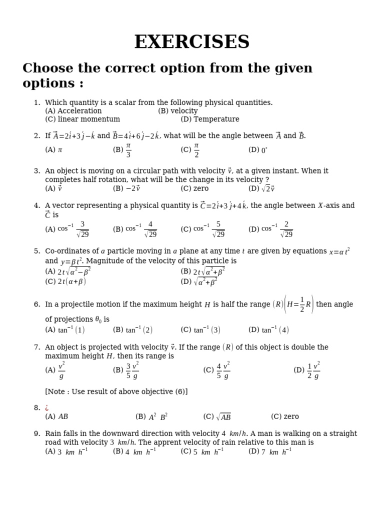 Motion in A Plane-Exercise | PDF | Velocity | Teaching Methods & Materials