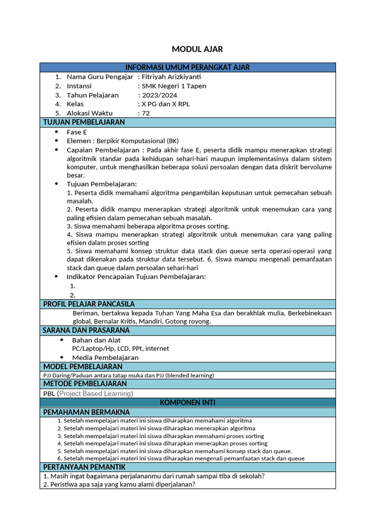 12 Format Modul Ajar Berpikir Komputasional (BK) | PDF
