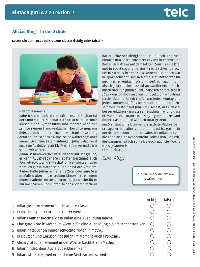 Einfach Gut A2.2 Lektion 9 Lesetext in Der Schule | PDF