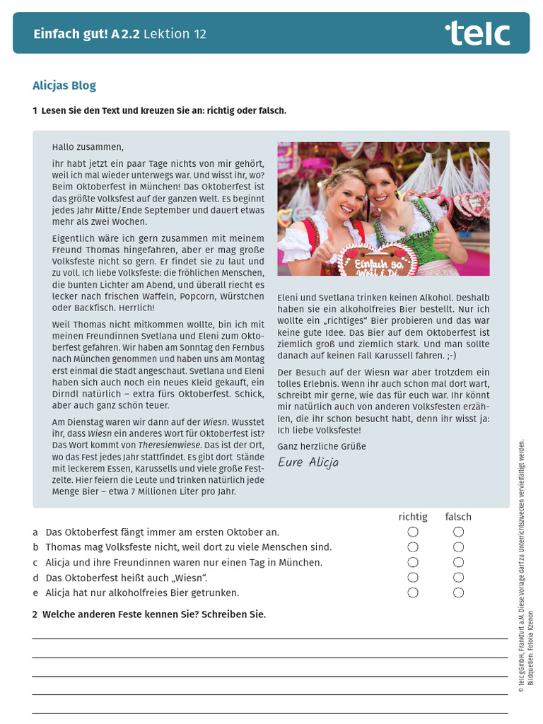 Einfach Gut A2.2 Lektion 12 Lesetext Oktoberfest | PDF