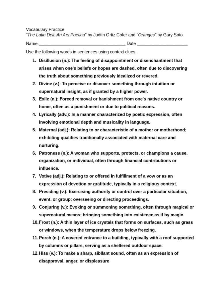 Vocabulary Practice The Latin Deli | PDF