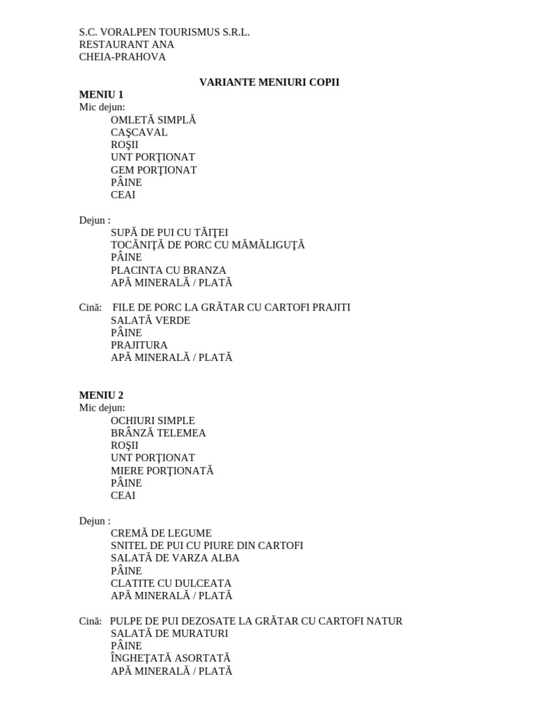 Variante Meniuri Copii 2024 | PDF