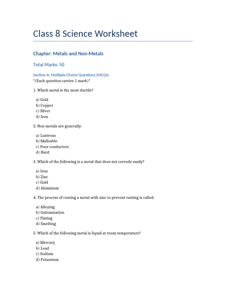 Class_8_Science_Worksheet_50_Marks_Metals_and_NonMetals | PDF