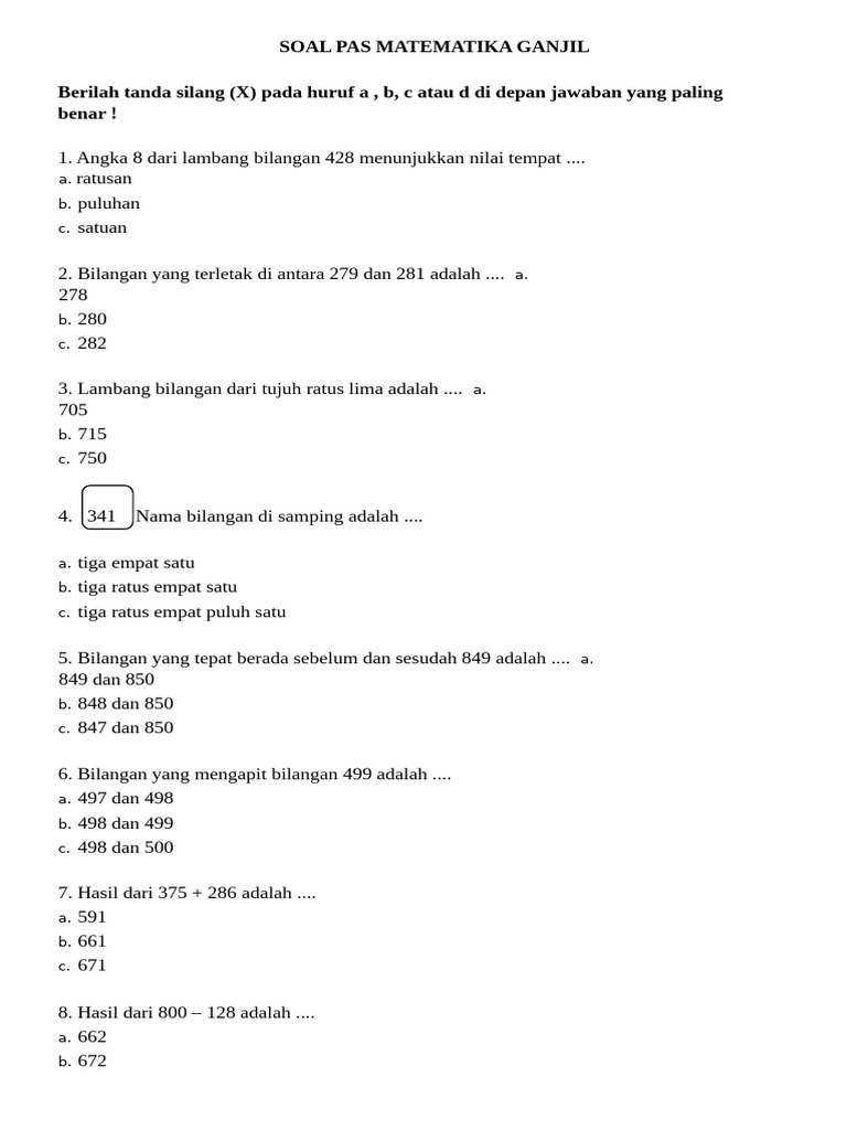 SOAL PTS MATEMATIKA Ganjil 2023-2024 | PDF