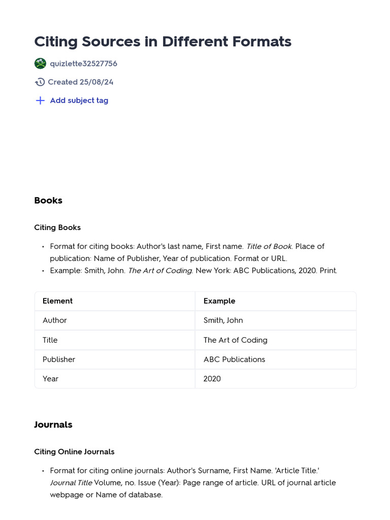 Citing Sources in Different Formats Study Guide - Quizlet | PDF ...
