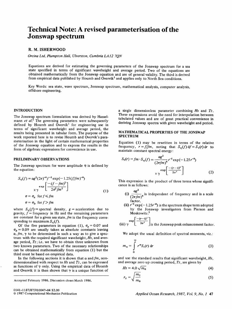 A Revised Parameterisation of The JONSWAP Spectrum | PDF