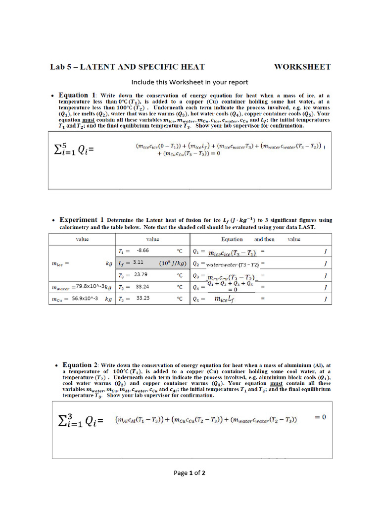 Lab 5-Latent and Specific Heat Worksheet-1 | PDF
