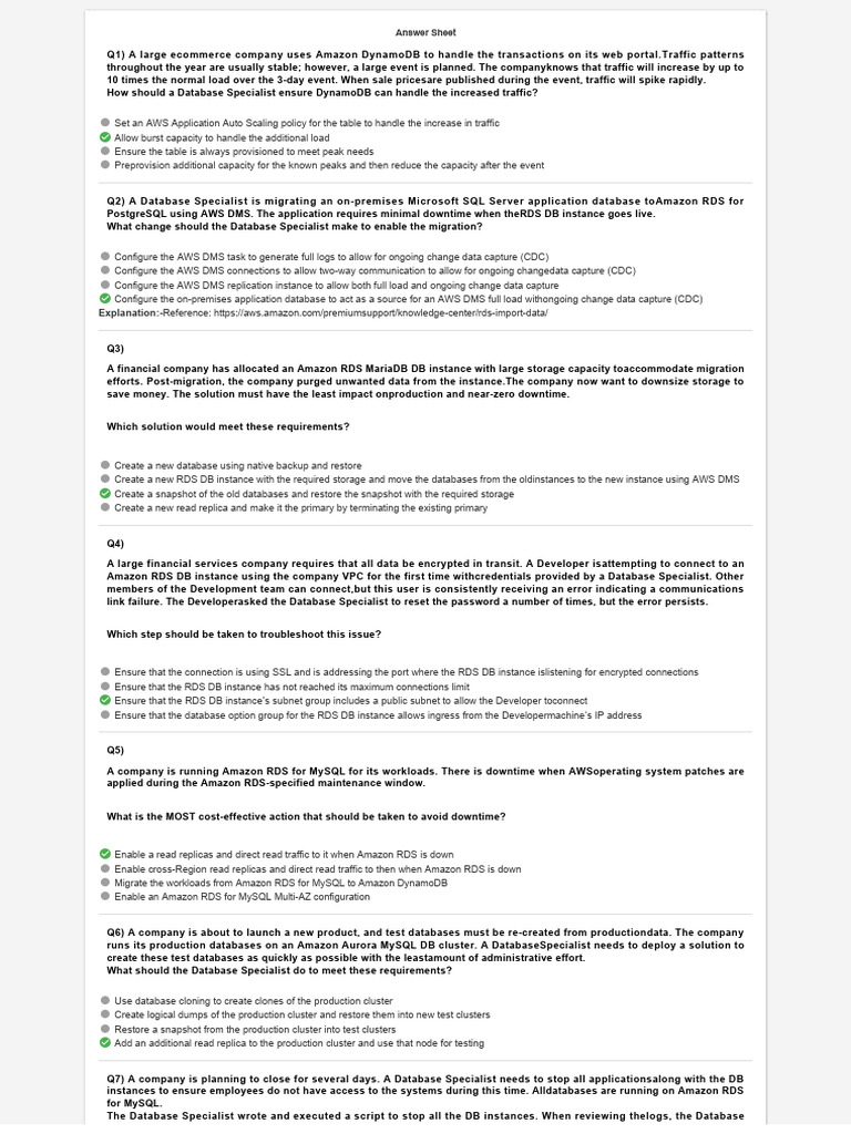 AWS Certified Database Specialty Practice Exam Test Set - 4 | PDF