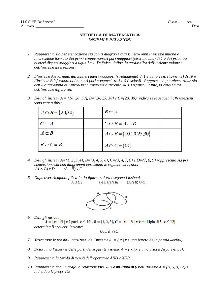 Verifica - Insiemi - 1CSA | PDF
