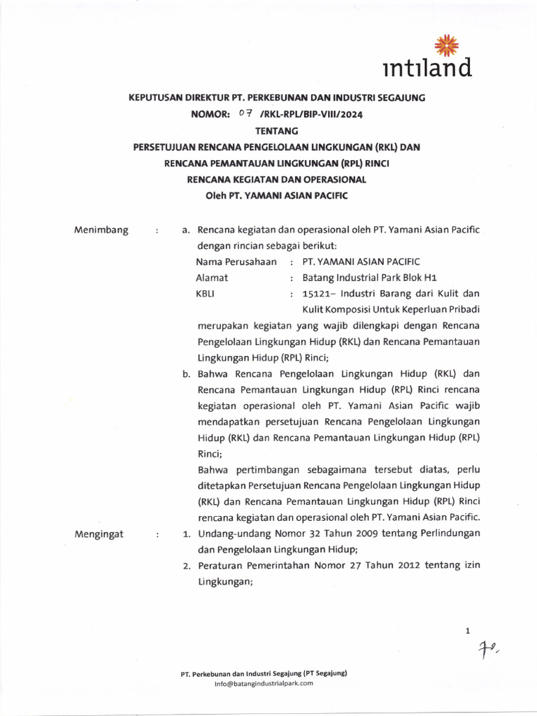 Surat Keputusan Persetujuan RKL RPL Rinci PT Yamani Asian | PDF