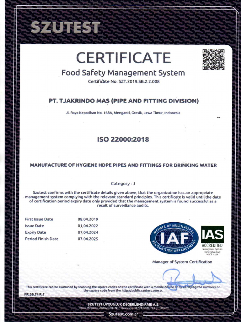 001.ISO 22000-2018 (HDPE PIPE AND FITTING) New | PDF