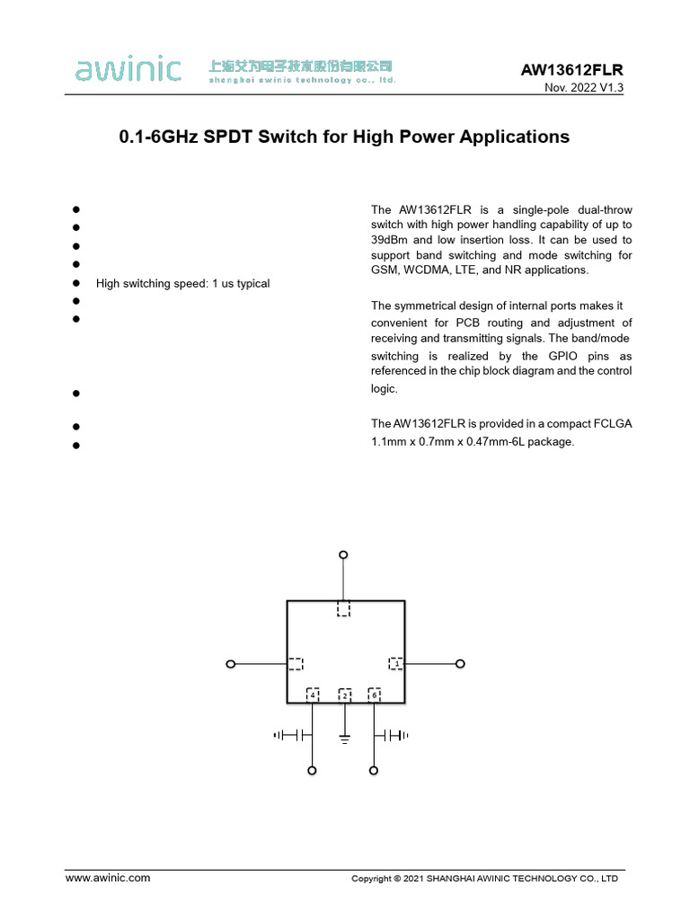 AW13612FLR - 0.1-6GHz SPDT Switch For High Power Application | PDF ...