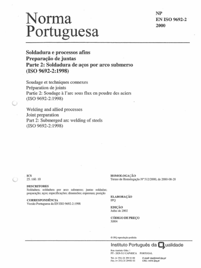 NP en Iso 9692 - 2 - 2000 | PDF