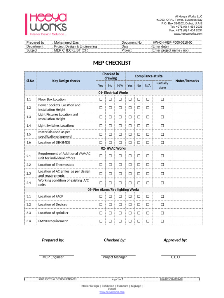 Mep Checklist For Office Interior Work | PDF