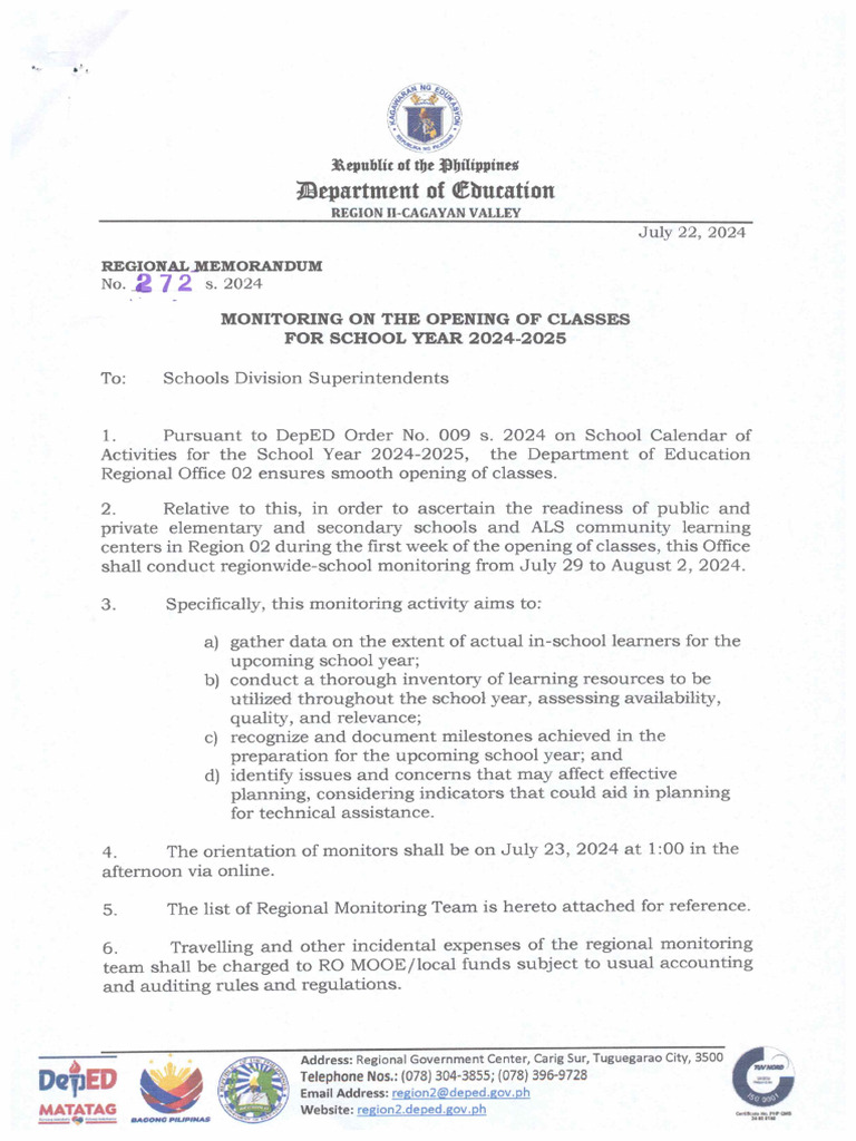 Regional Memorandum No. 272 S. 2024 Monitoring On The Opening of ...