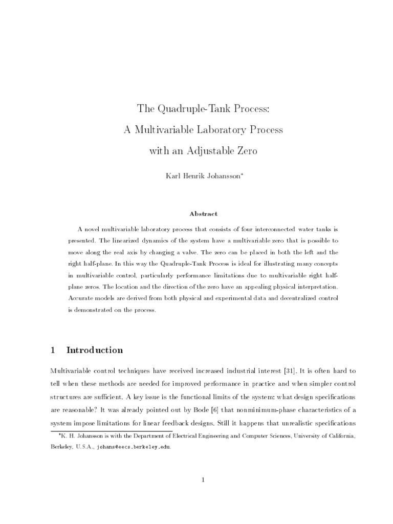 The Quadruple-Tank Process - Johansson | PDF | Control Theory | Mathematical Model