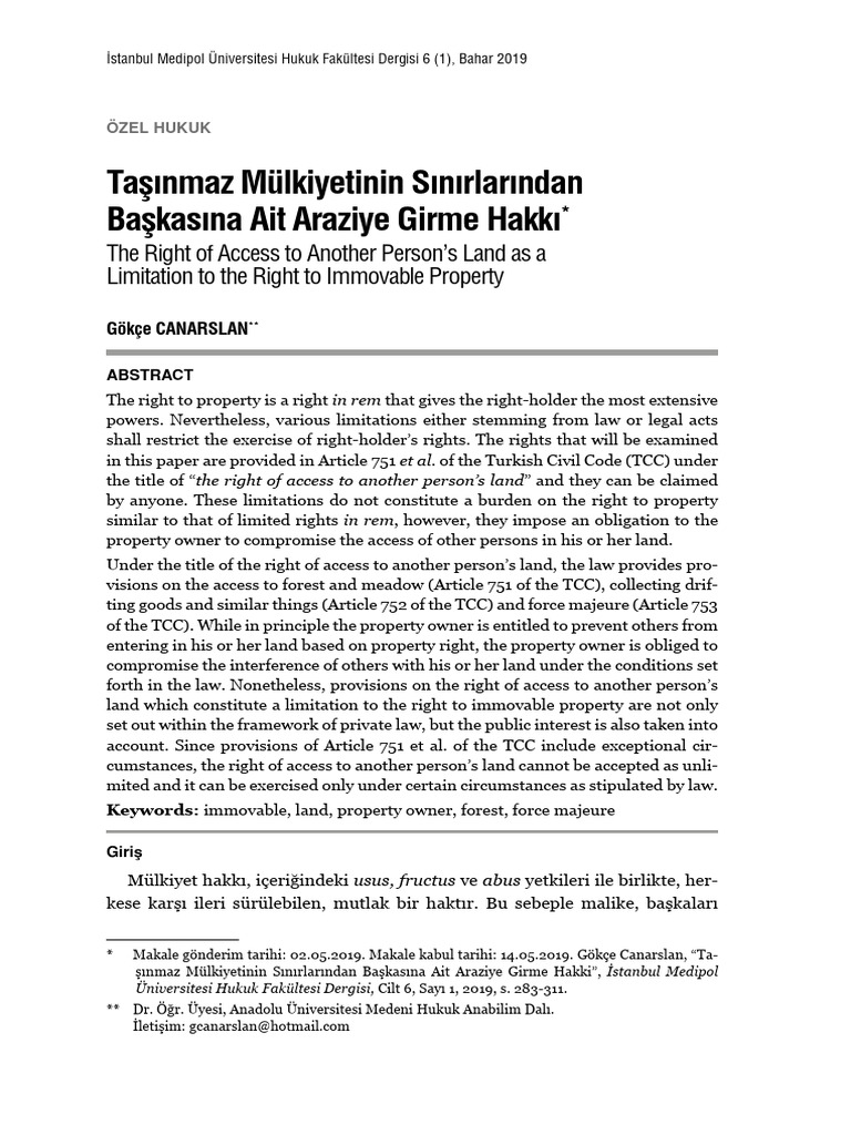 Ta Nmaz M Lkiyetinin S N Rlar Ndan Ba Kas Na Ait Araziye Girme Hakk (#736954) - 1102149 | PDF