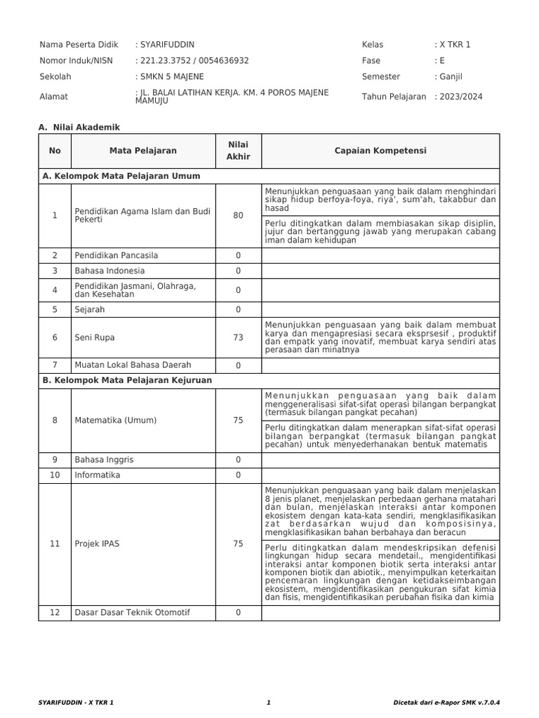Rapor Syarifuddin - X TKR 1 | PDF
