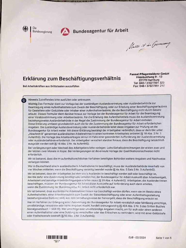Erklärung Zum Beschäftigungsverhältnis: Bundesagentur Für Arbeit | PDF