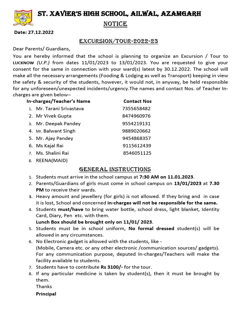 Tour Notice For Students -2022-23 LUCKNOW TOUR | PDF