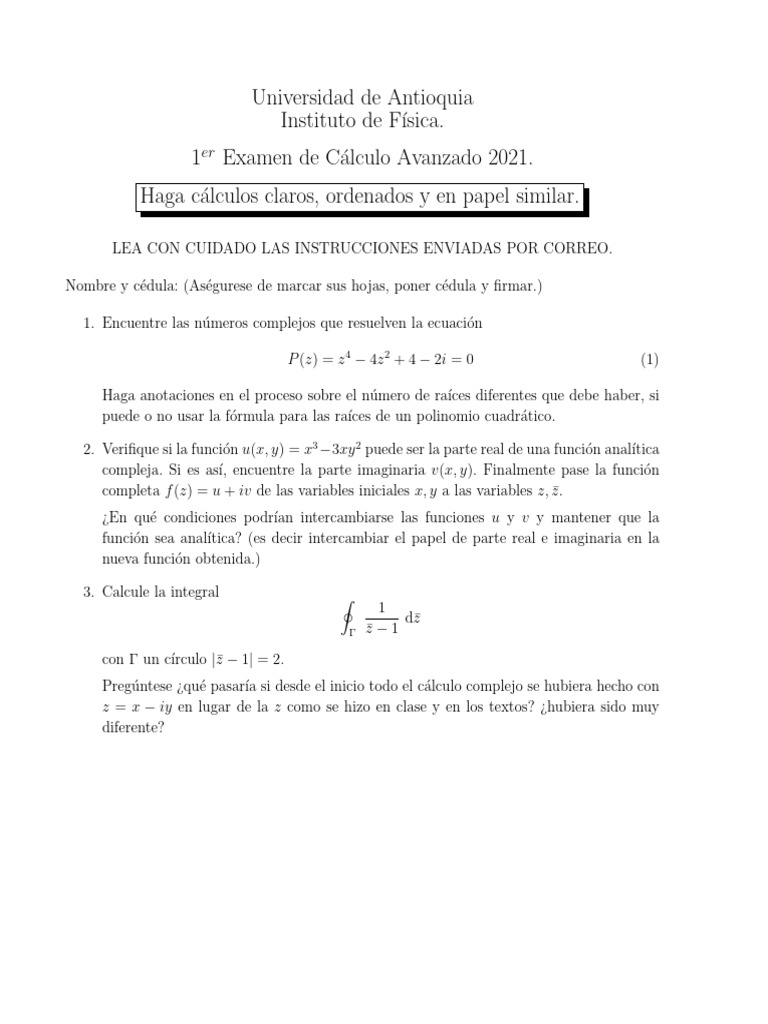 Examen Variable Compleja 1o 2021-1 | PDF