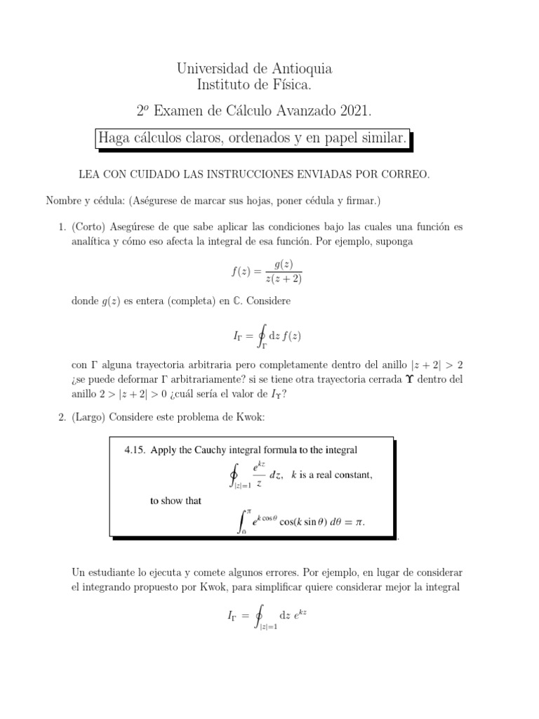 Examen Variable Compleja 2o 2021 | PDF