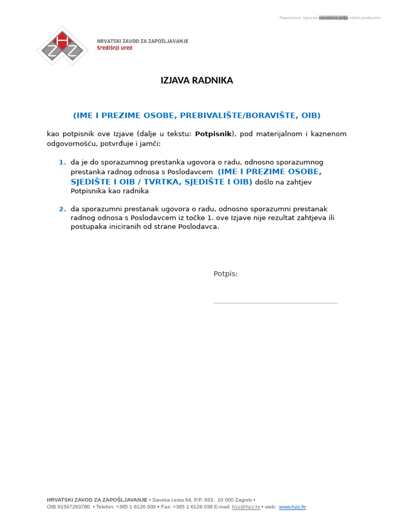 HZZ Izjava Radnika Sporazumni Otkaz 301221 4 | PDF