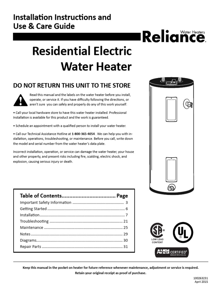Reliance Water Heater Installation Guide | PDF | Water Heating | Thermostat