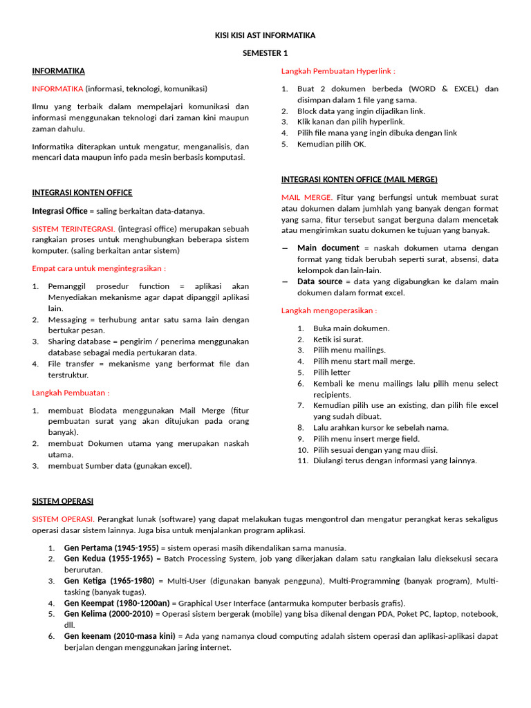 Kisi - Kisi AST Informatika X Semester 1 PDF | PDF