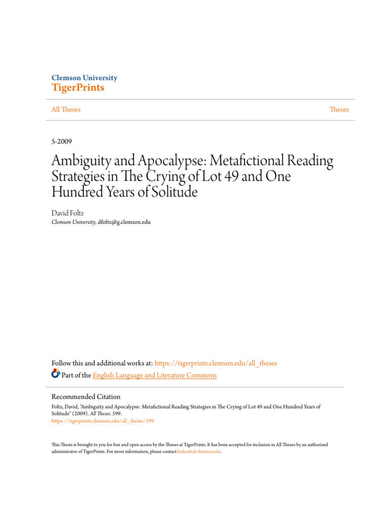 Ambiguity and Apocalypse - Metafictional Reading Strategies in The | PDF