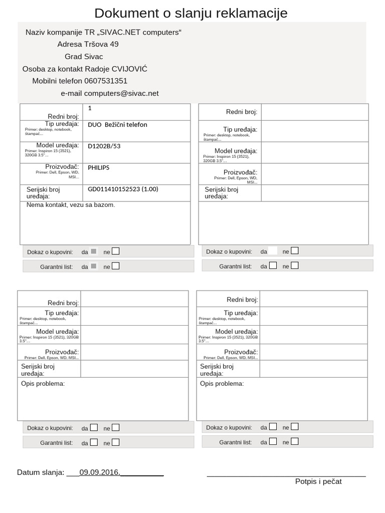 Formular Reklamacije | PDF