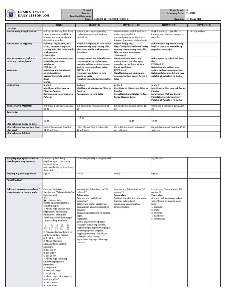 DLL - Filipino 2 - Q1 - W3 | PDF