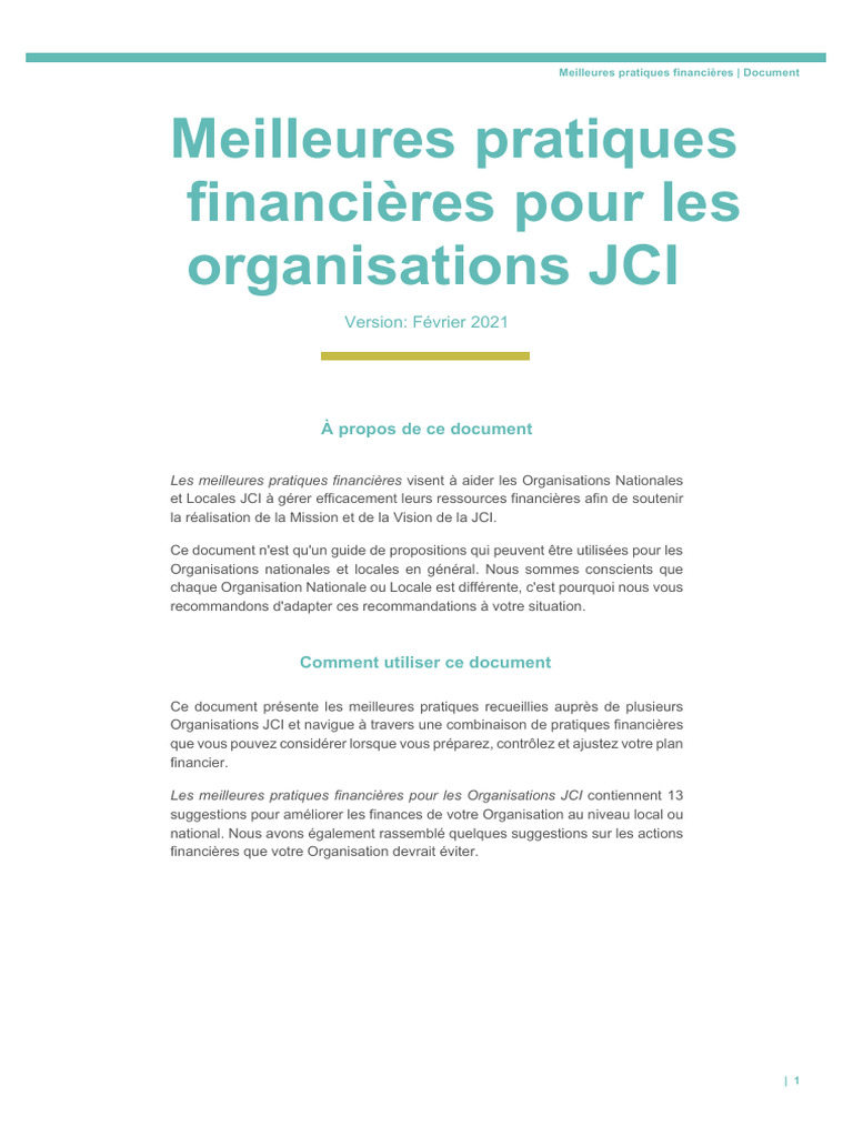 Meilleures pratiques financieres pour les organisations JCI - 16.Fev.21 | PDF