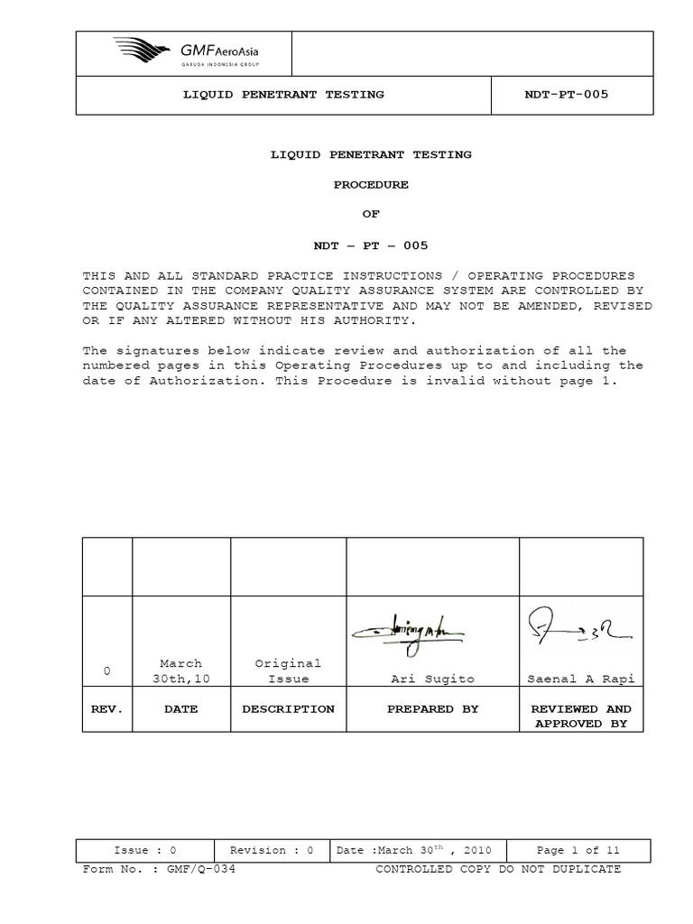 NDT - PROCEDURES - NDT-PT-05 - 10 - GMF - For - LVL - 1 and 2 | PDF