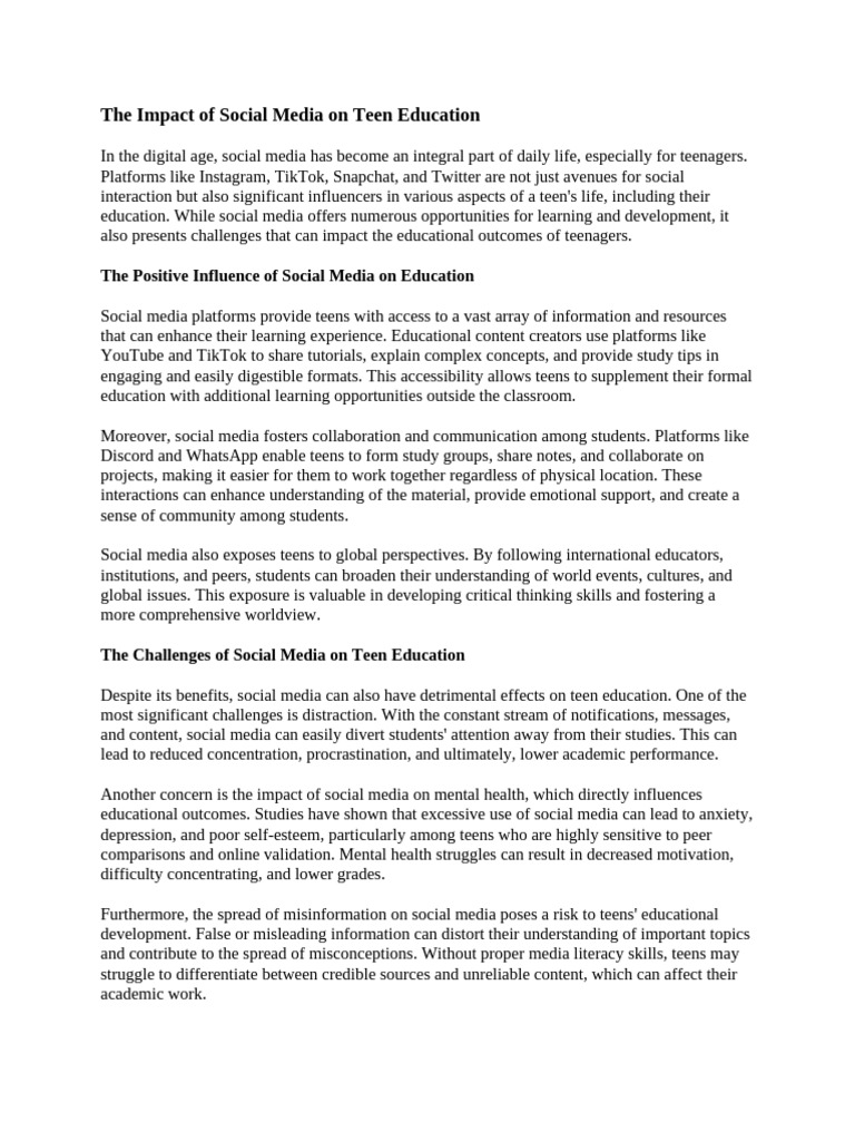 The Impact of Social Media On Teen Education | PDF